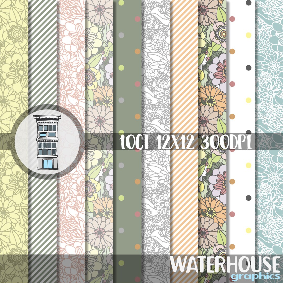 Digital Floral Paper Pack INSTANT DOWNLOAD Flowers Polka Dots & Stripes ...