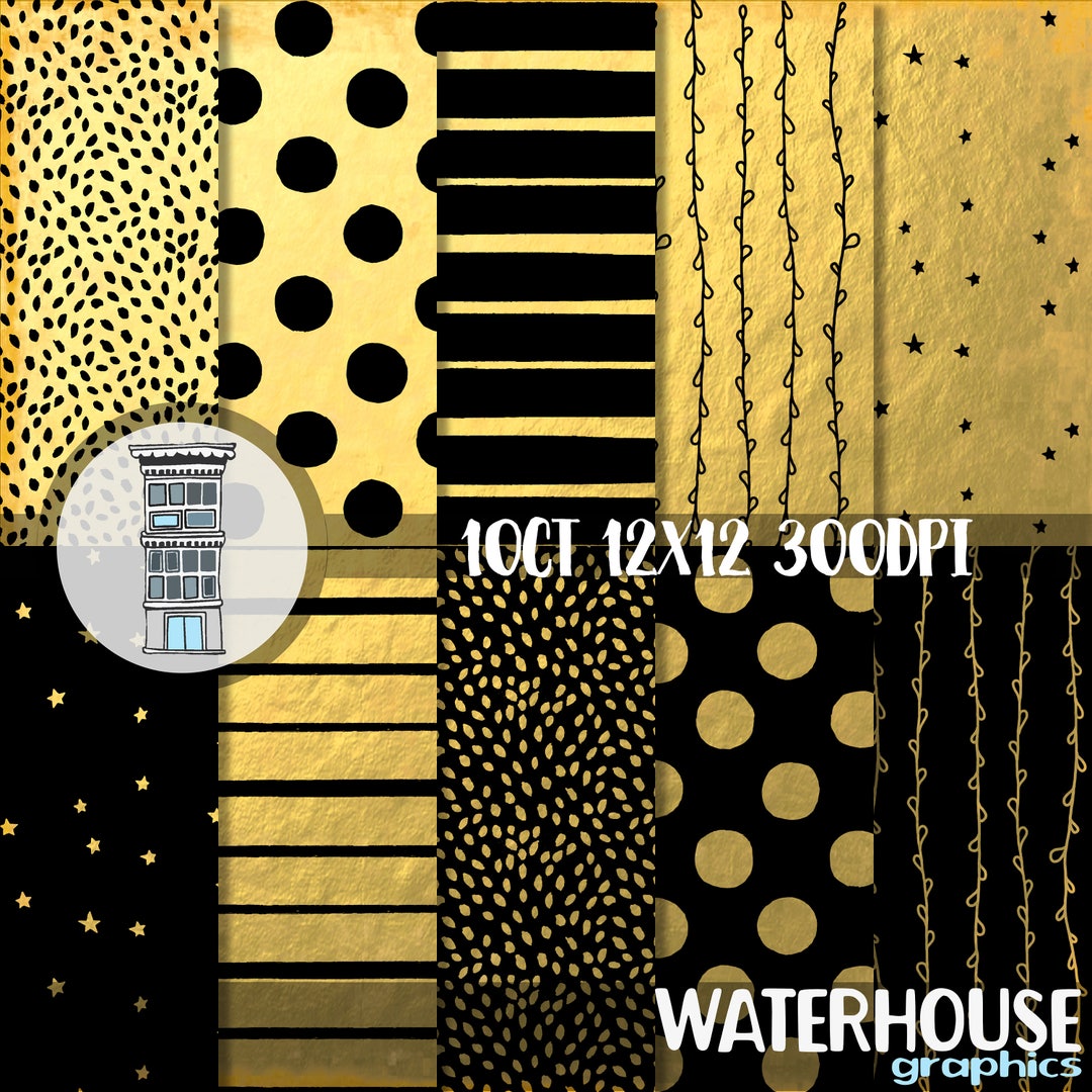 Black and GOLD Digital Paper Pack Gold Stars, Stripes, Polka Dots ...