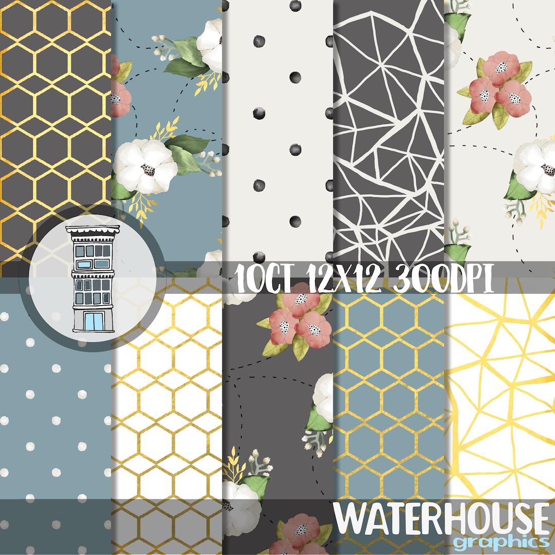 GOLD Floral Digital Paper Delicate Flowers, Slate Blue Gold Geometric ...
