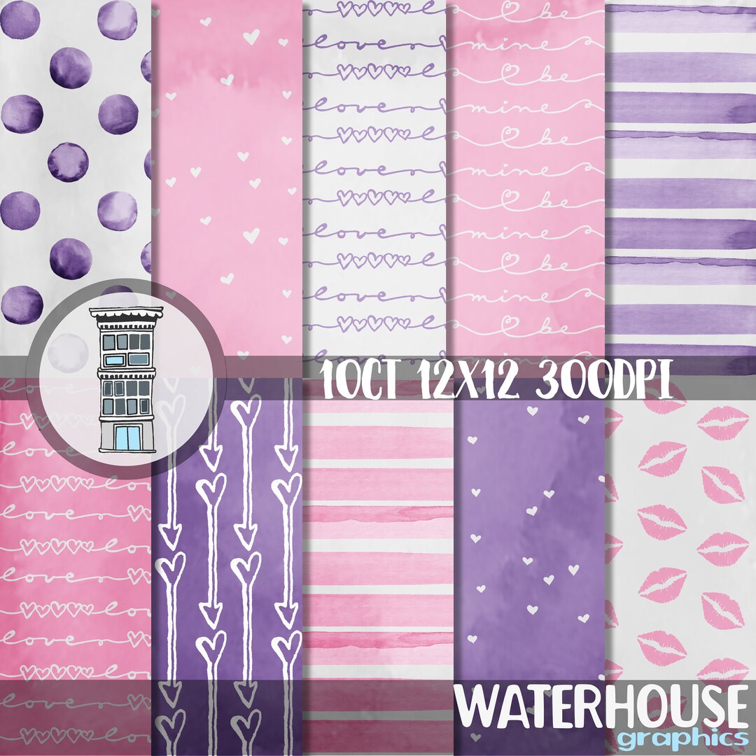 Valentine Watercolor Papers Purple and PINK Hearts Love Digital Paper ...