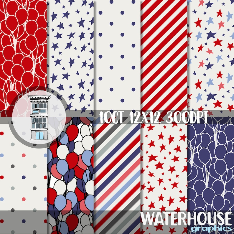 Fourth of July Stars & Stripes DIGITAL PAPER PACK Red White Navy Blue ...