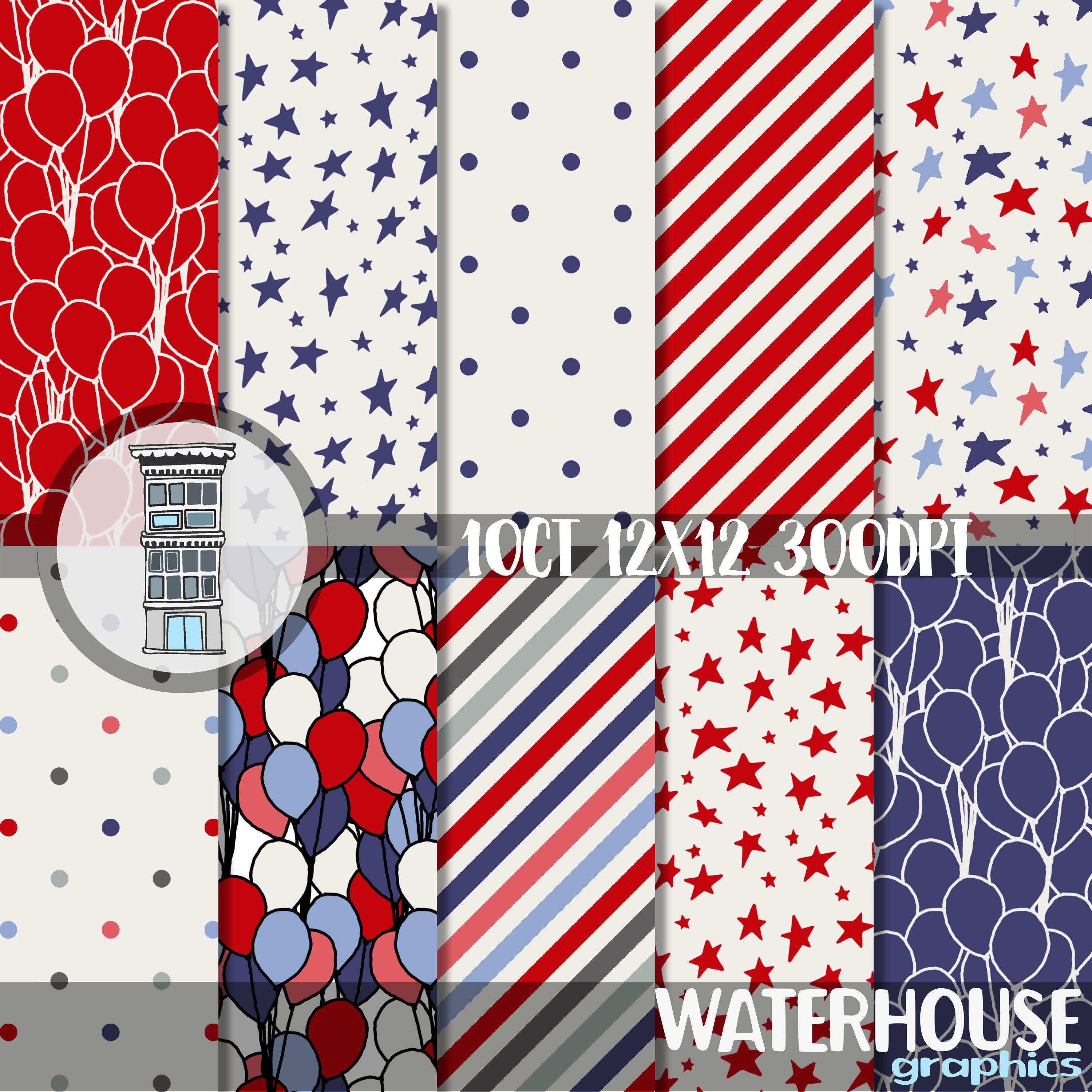 Fourth of July Stars & Stripes DIGITAL PAPER PACK Red White Navy Blue ...