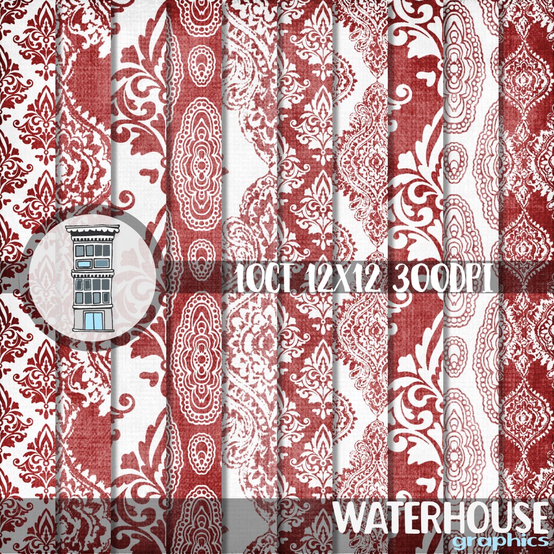 Red Damask Digital Paper Pack INSTANT DOWNLOAD Distressed Red Damask ...