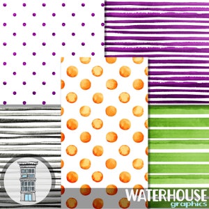 Halloween Watercolor Stripes Polka Dots Orange Purple GREEN Digital ...