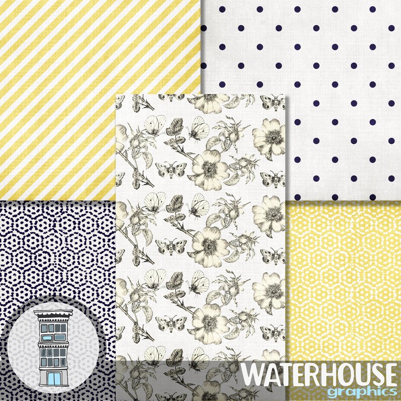 Digital Navy Mustard Yellow Floral Paper Pack Antique | Etsy