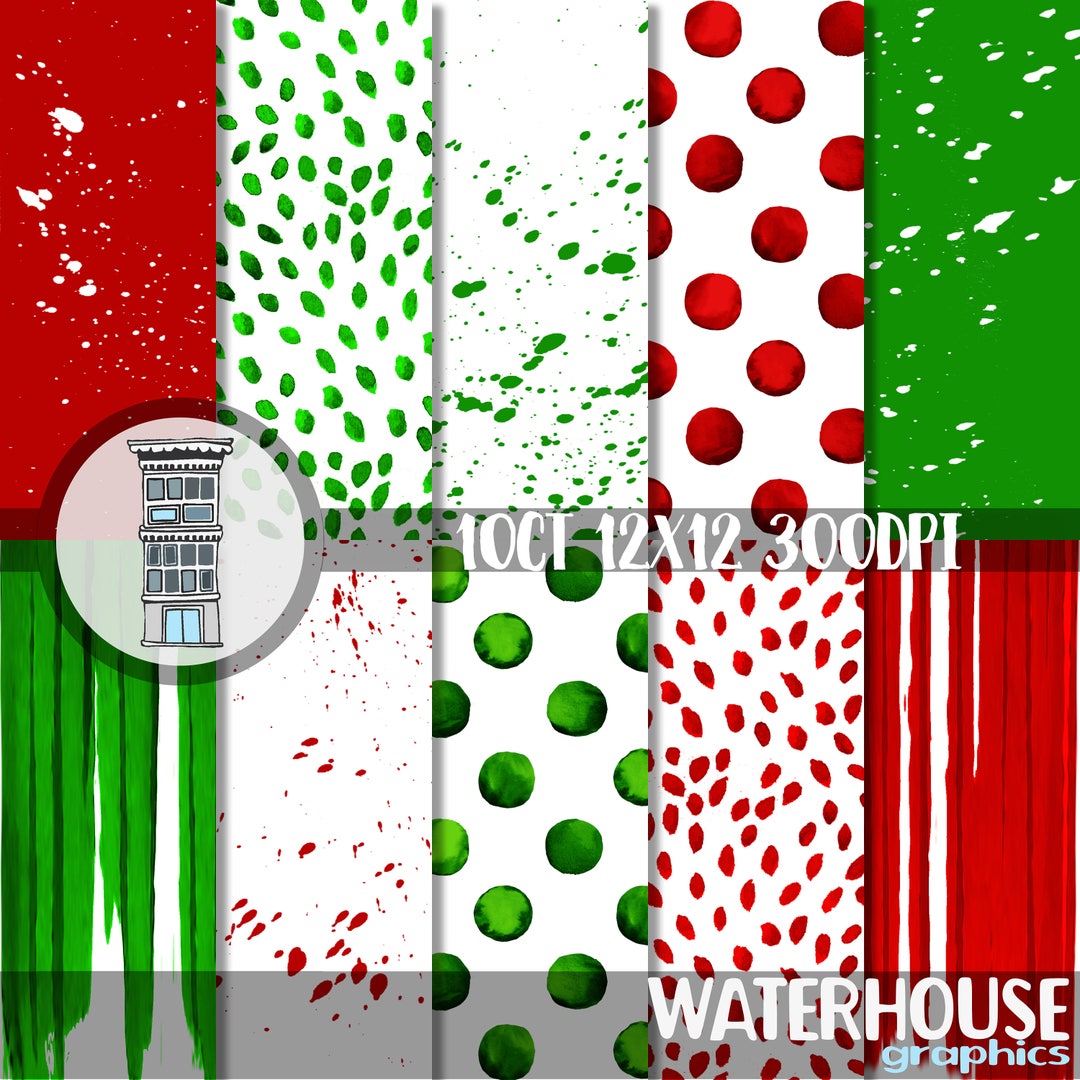 Christmas Watercolor Papers Bright RED & GREEN Digital Paper Pack ...