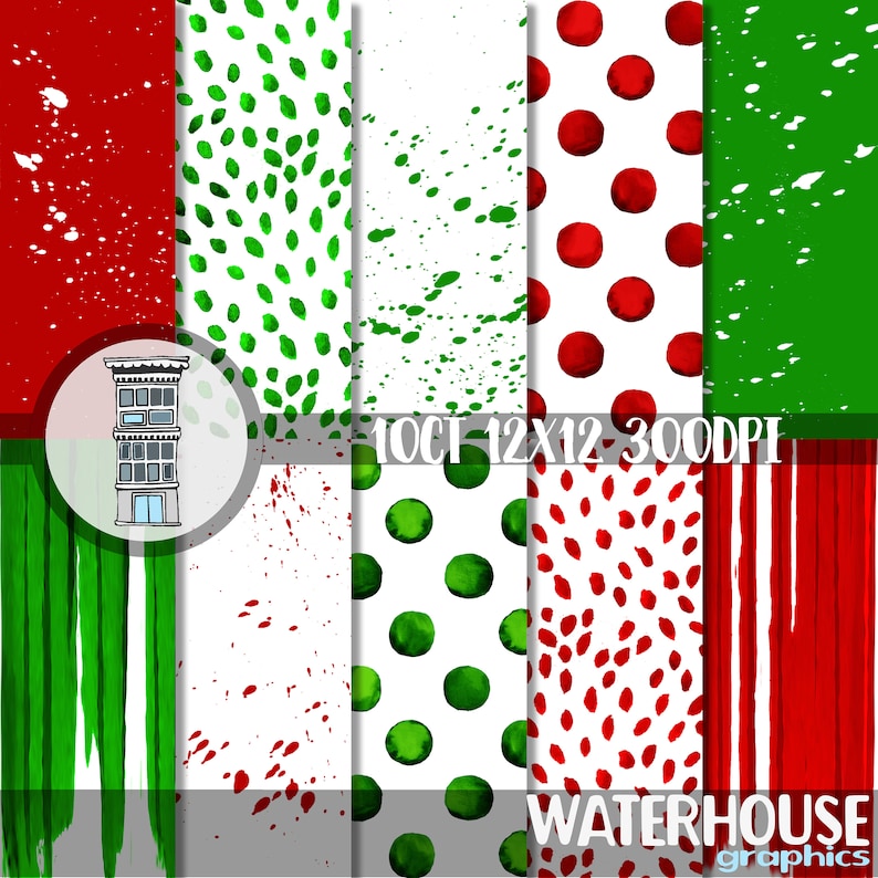 Christmas Watercolor Papers Bright RED & GREEN Digital Paper | Etsy