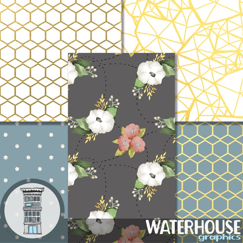 GOLD Floral Digital Paper Delicate Flowers, Slate Blue Gold Geometric ...
