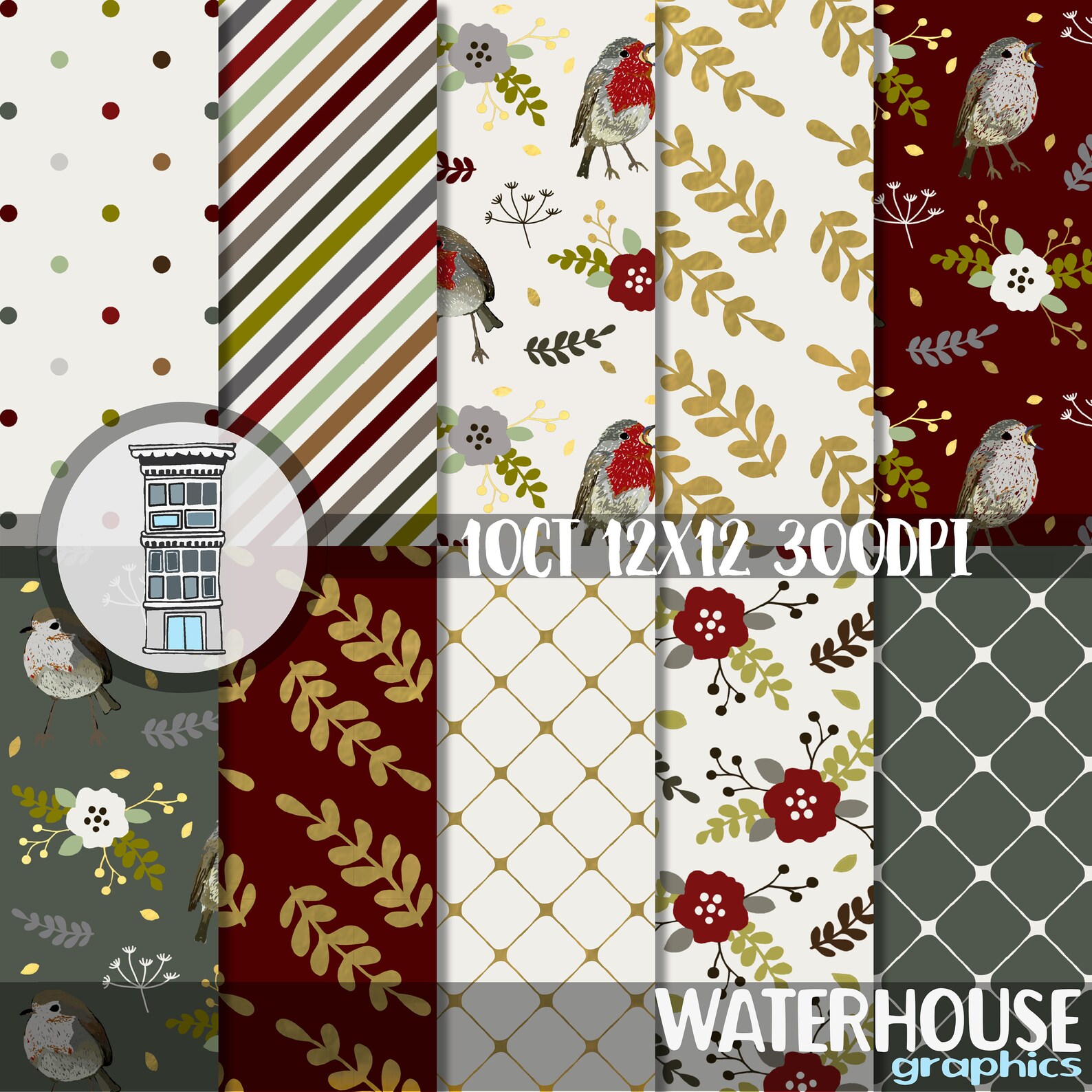 Christmas GOLD Digital Paper Pack Hand Drawn Birds Floral Patterns ...