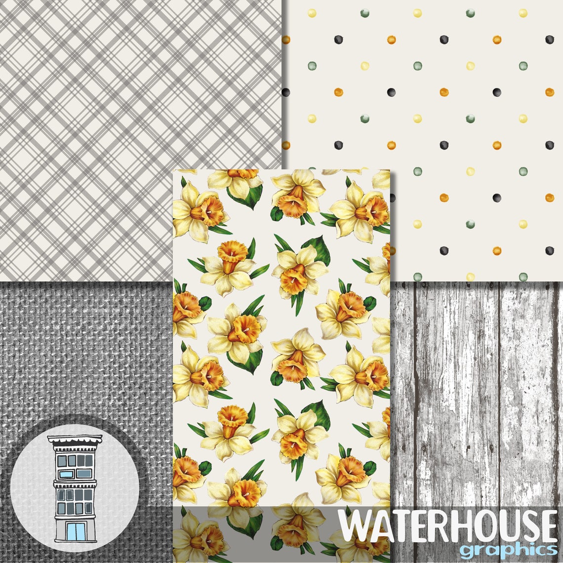 Daffodils Digital Paper Pack Pretty Yellow Orange Vintage Floral Gray ...