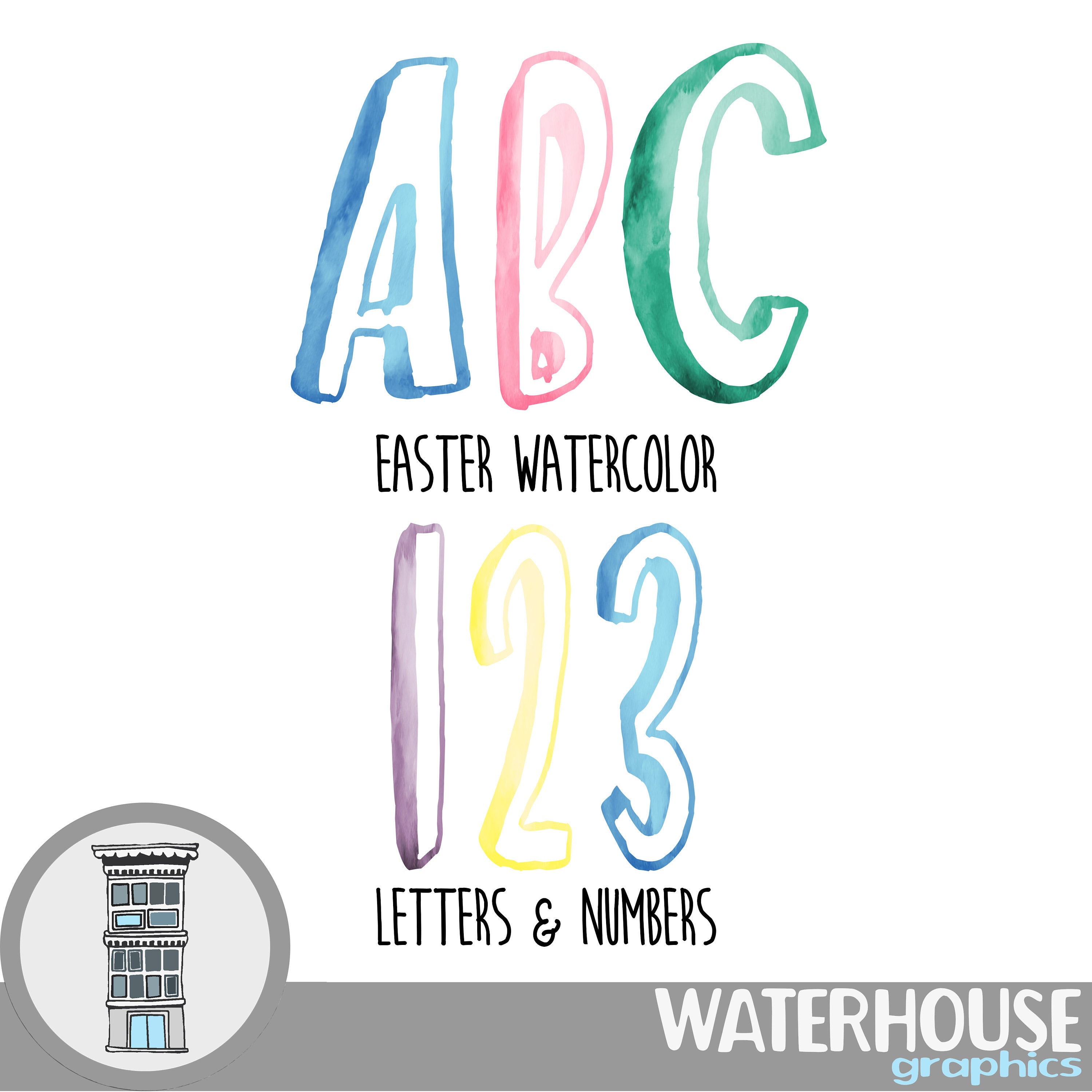 Easter Watercolor Letters Numbers Bundle Set Instant Digital Download ...