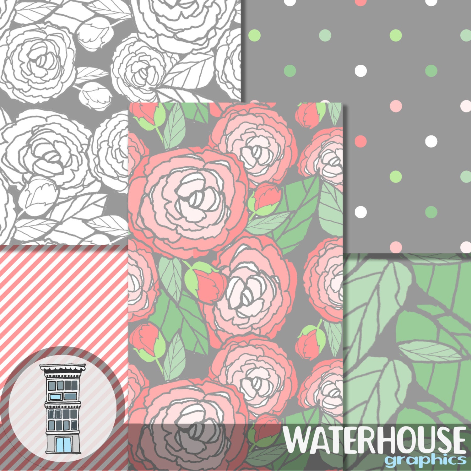 Floral Digital Paper Pack Instant Digital Download Pink Peonies Green ...
