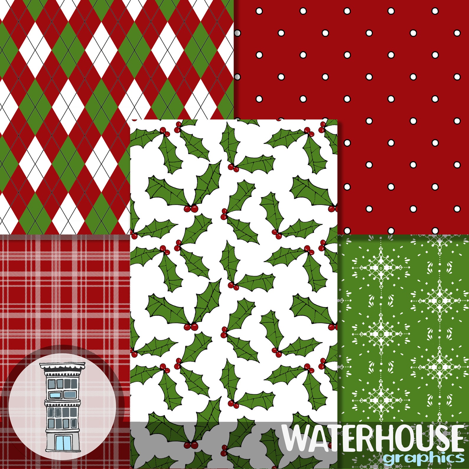 Christmas Digital Paper Pack INSTANT DIGITAL DOWNLOAD Holly Snowflakes ...
