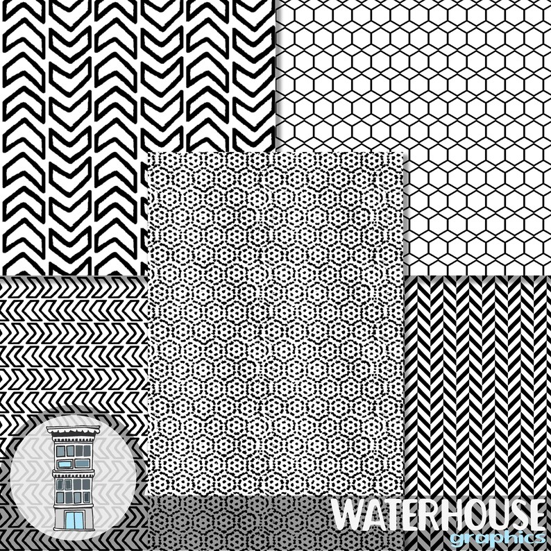 Black & White Geometric Digital Paper Pack Hexagons Arrows Digital ...