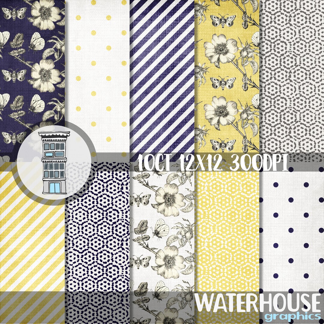 Digital Navy Mustard Yellow Floral Paper Pack Antique Botanical Flowers ...