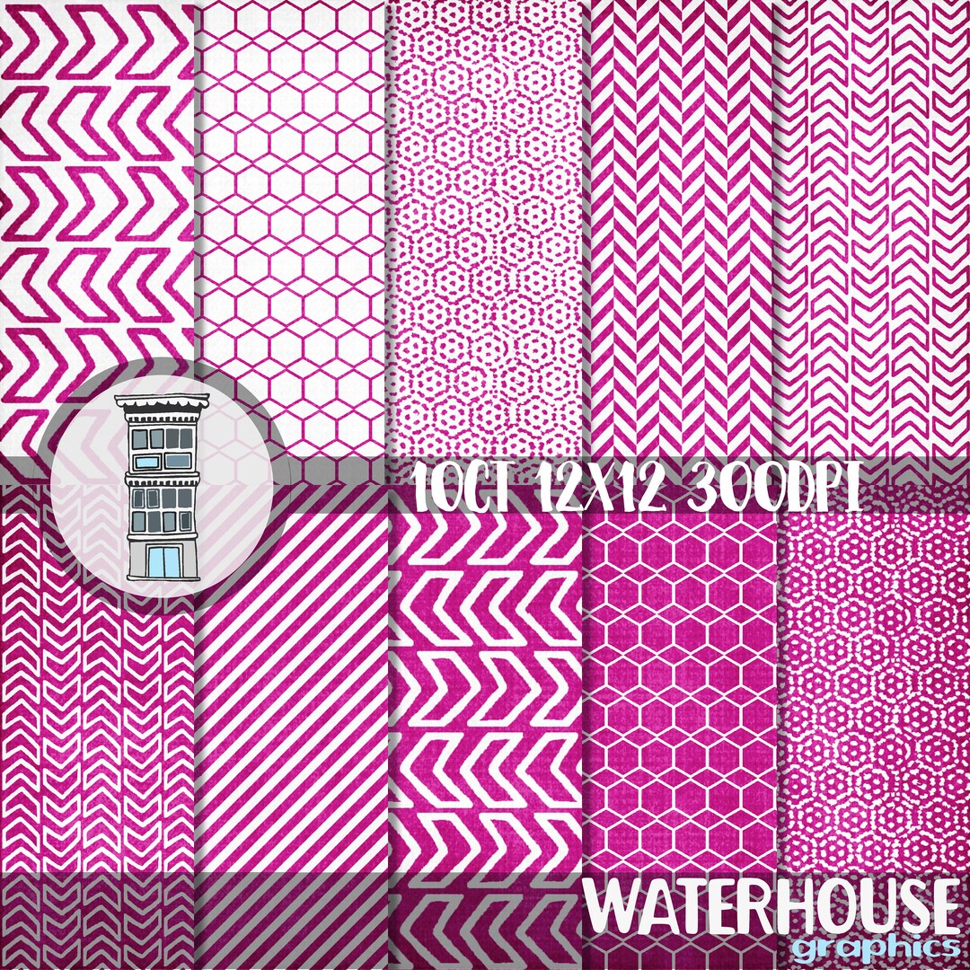 Bright PINK Geometric Digital Paper Pack Hexagons Arrows Digital ...