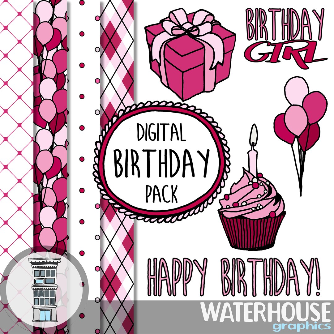 Digital Birthday Girl Set Clip Art Digital Papers INSTANT DOWNLOAD Pink ...