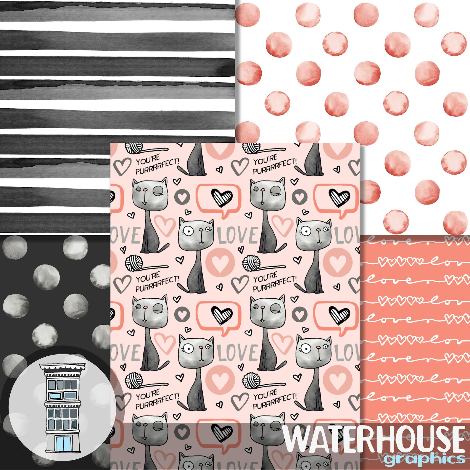 Valentine Digital Paper watercolor cats love hearts polka dots | Etsy