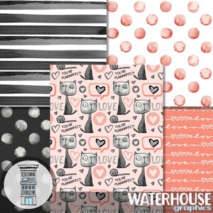 Valentine Digital Paper Watercolor Cats Love Hearts Polka Dots ...