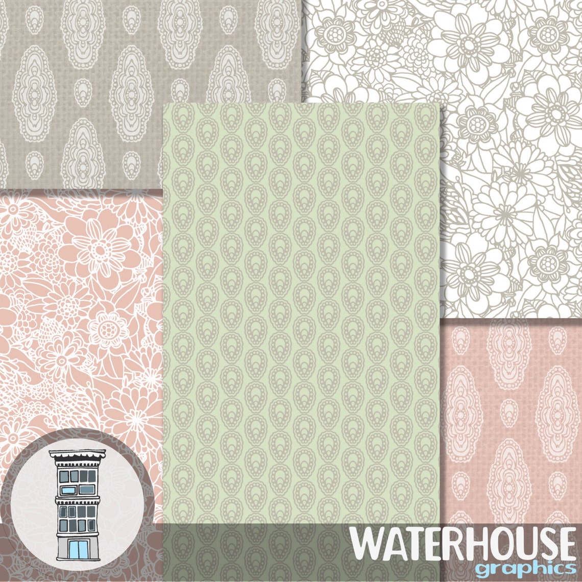 Digital Scrapbooking Floral Paper Pack INSTANT DOWNLOAD Pink Mint Taupe ...