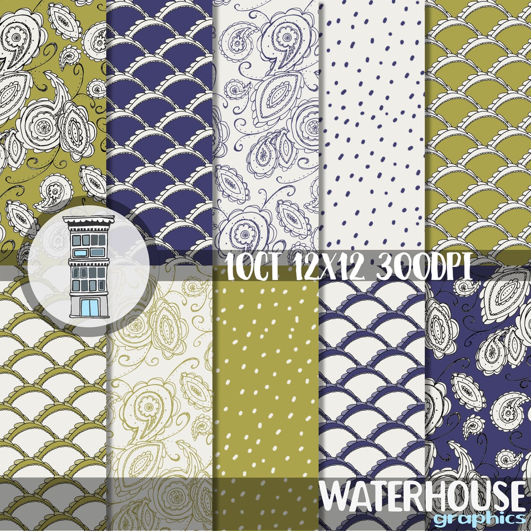 Olive Paisley Digital Paper Pack INSTANT DOWNLOAD Olive Navy Cream Hand ...
