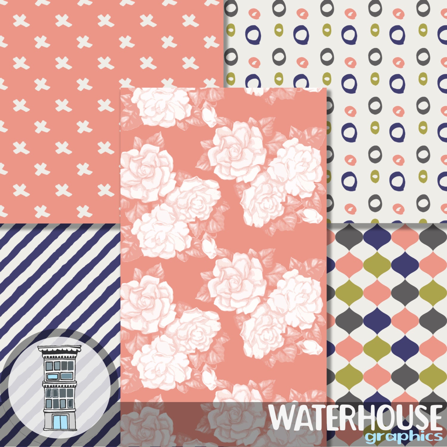 Pink Coral Navy Blue Digital Paper Pack Instant Download | Etsy