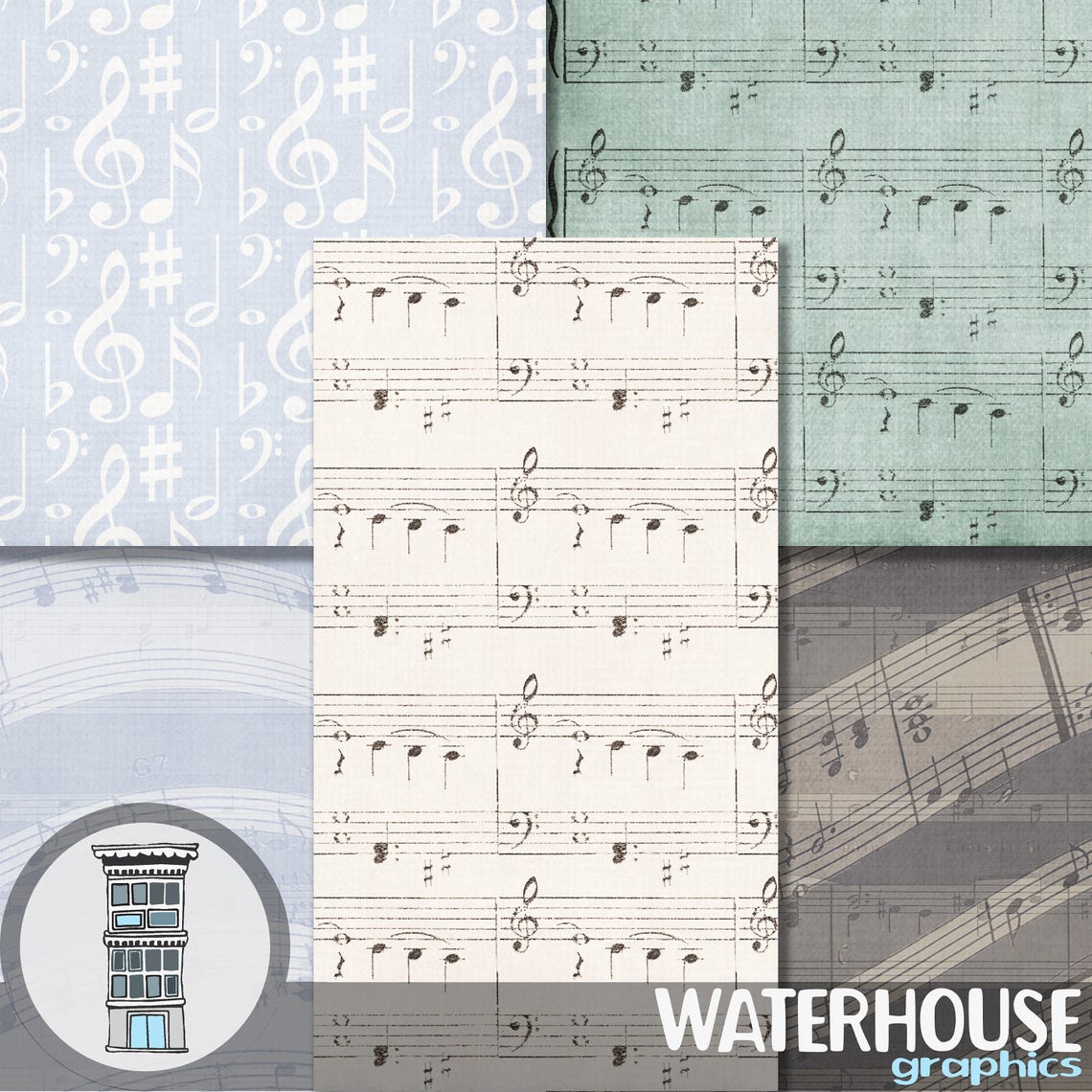 Musical DIGITAL PAPER PACK Sage Green Sky Blue Distressed | Etsy