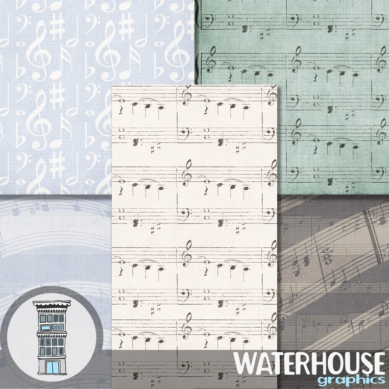 Musical DIGITAL PAPER PACK Sage Green Sky Blue Distressed Music Notes ...