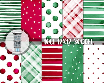 Red and Green Christmas Digital Printable Papers With Stars, Stripes ...
