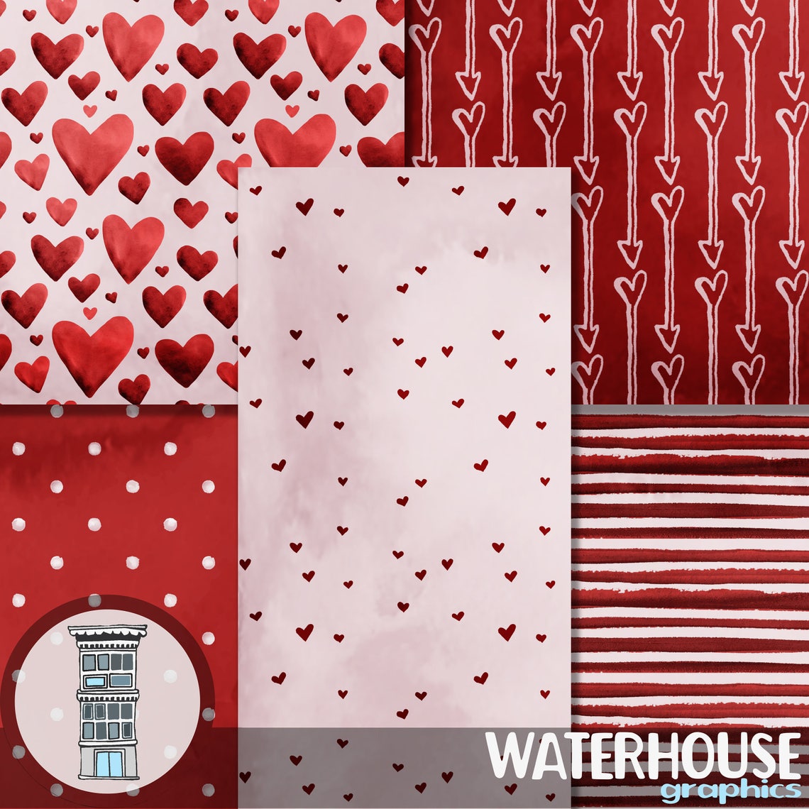 Valentine Watercolor Papers RED and PINK Stripes Hearts Love Digital ...
