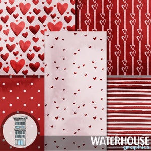 Valentine Watercolor Papers RED and PINK Stripes Hearts Love Digital ...