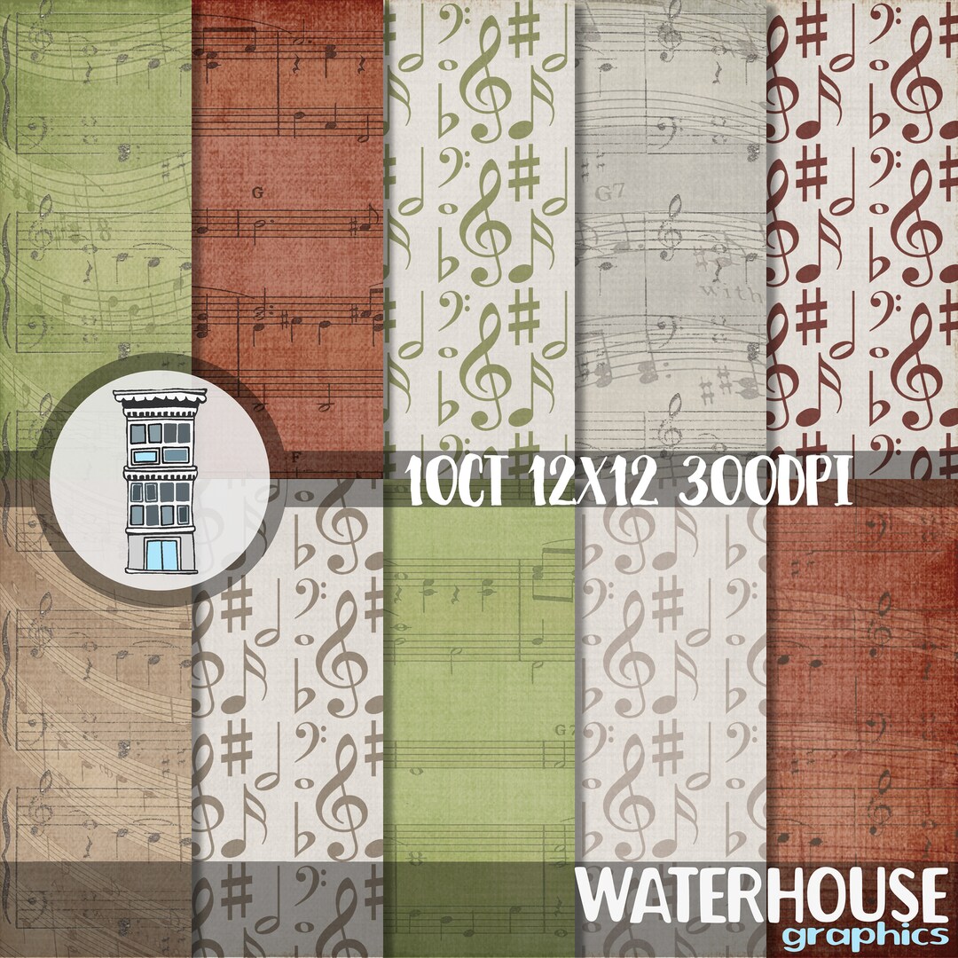 Musical Christmas DIGITAL PAPER PACK Green Red Gray Distressed Music ...
