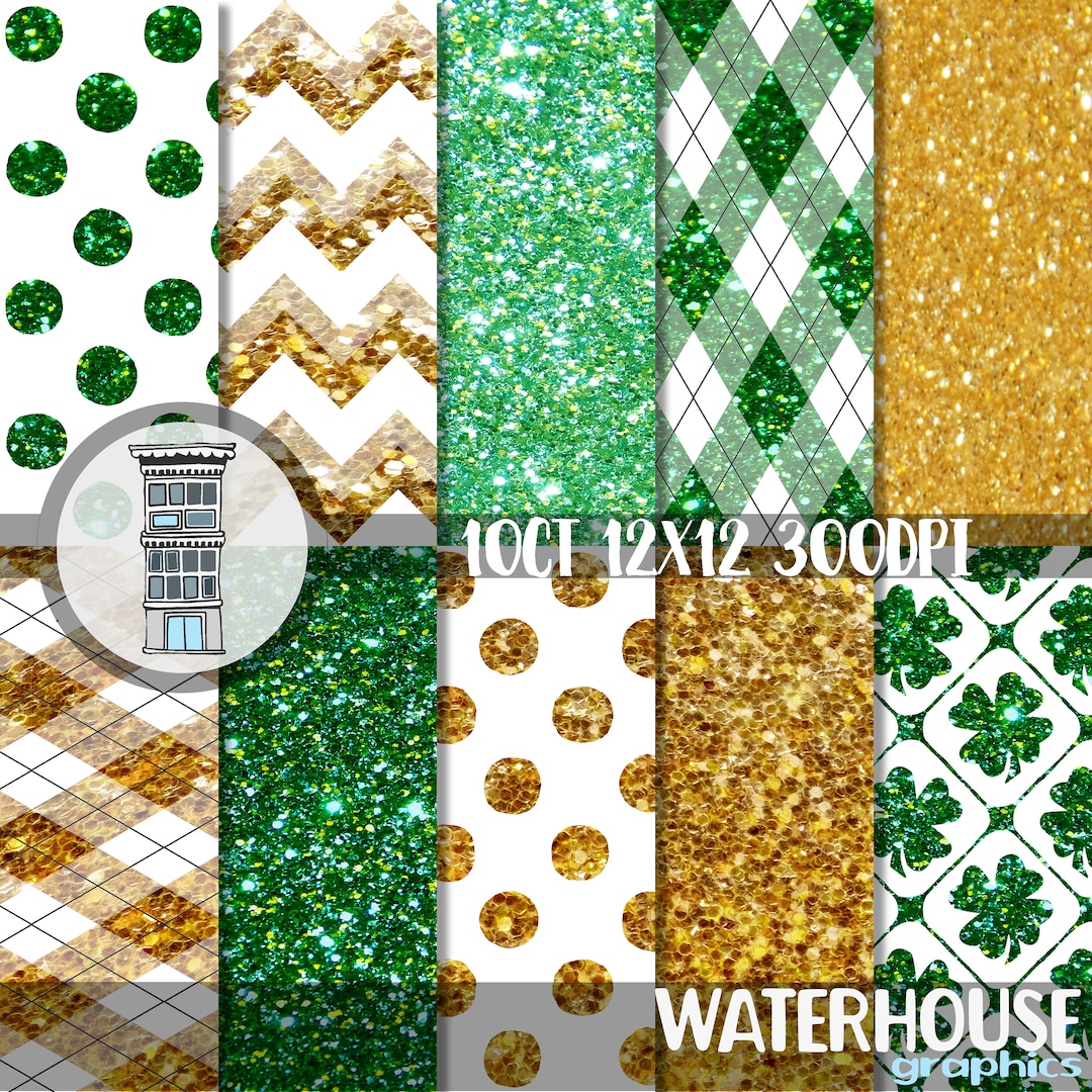 St Patricks Digital Paper Pack Gold Glitter Green Glitter Shamrock ...