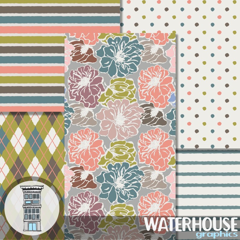 Digital Scrapbooking Paper Pack Instant Download Pink Rose Teal Taupe ...