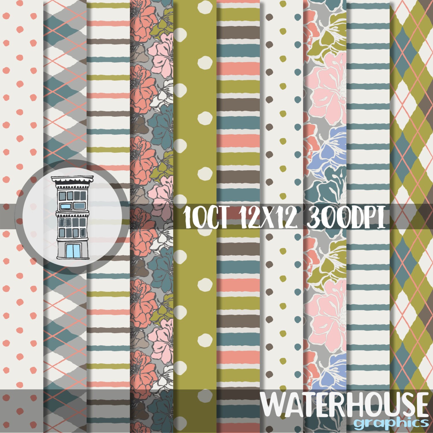 Digital Scrapbooking Paper Pack Instant Download Pink Rose Teal Taupe ...