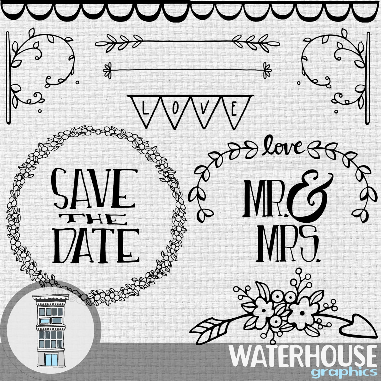 Digital Hand Drawn Wedding Clip Art Set INSTANT DIGITAL DOWNLOAD Floral ...