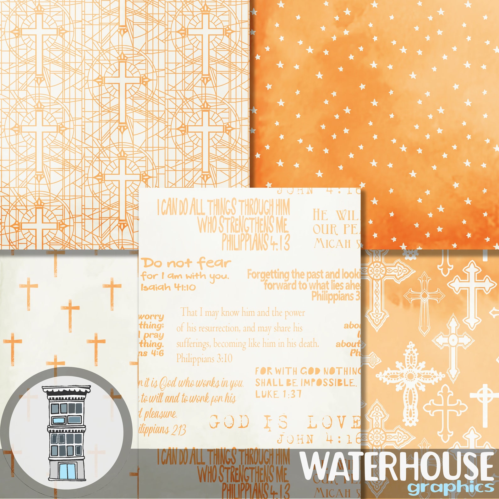 Religious ORANGE Digital Paper Pack INSTANT DOWNLOAD Bible Watercolor ...