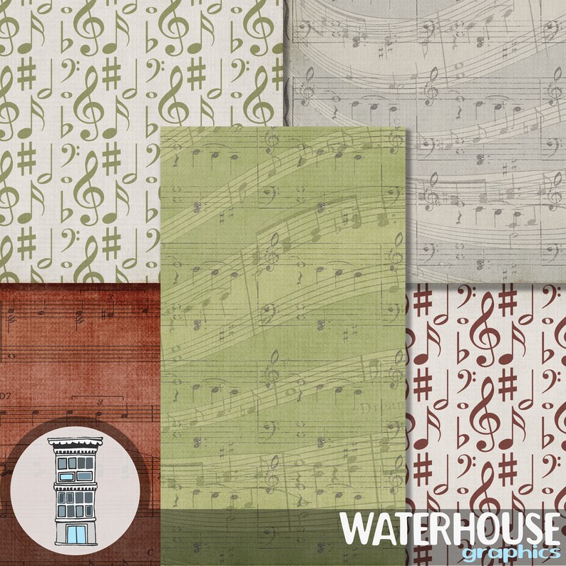 Musical Christmas DIGITAL PAPER PACK Green Red Gray Distressed - Etsy