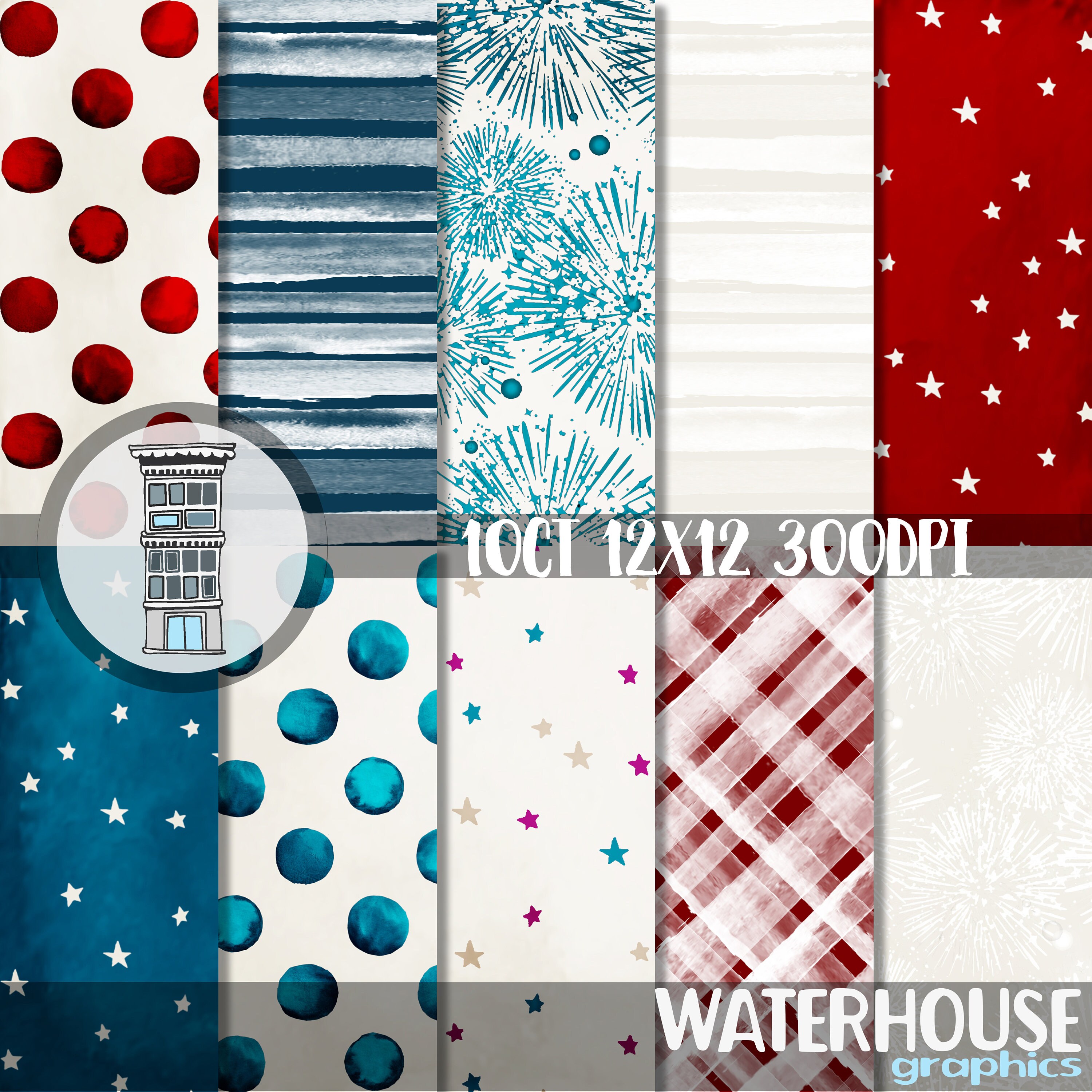 Watercolor Red White & Blue DIGITAL PAPER PACK Independence Day Fourth ...