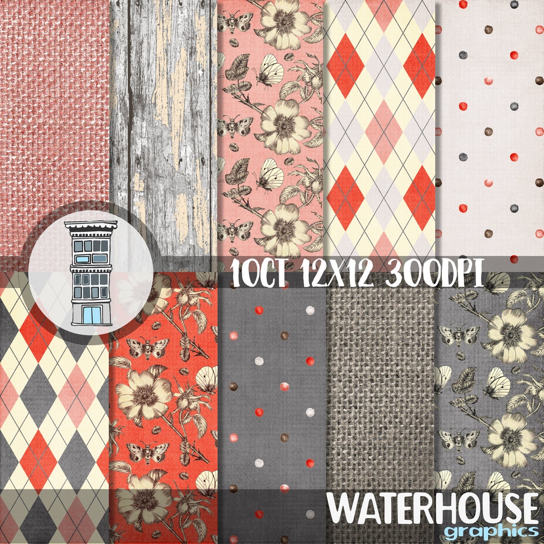 Red Pink Floral Digital Paper Pack Antique Style Flowers Distressed ...