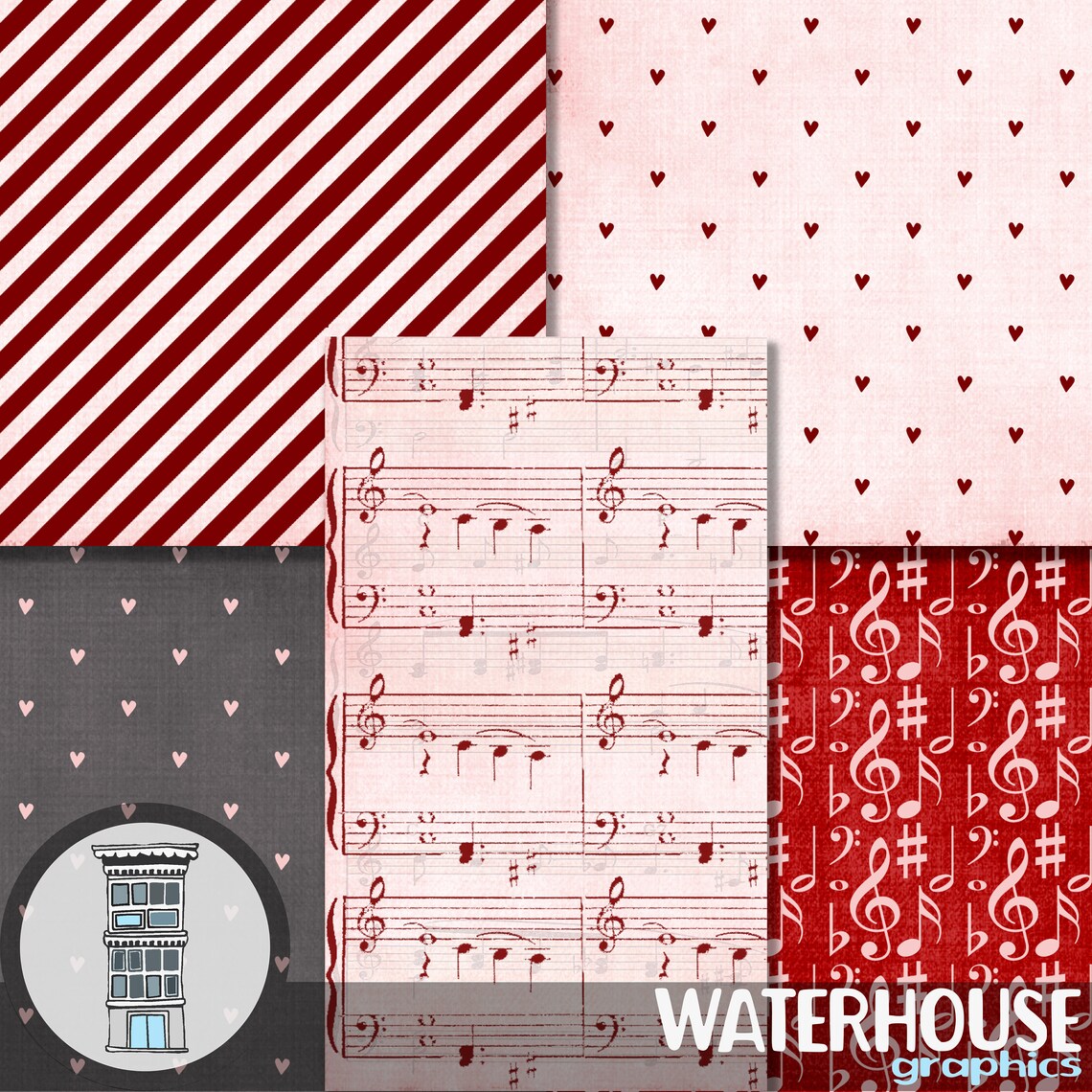 Musical DIGITAL PAPER PACK Valentines Red Pink Love Song | Etsy