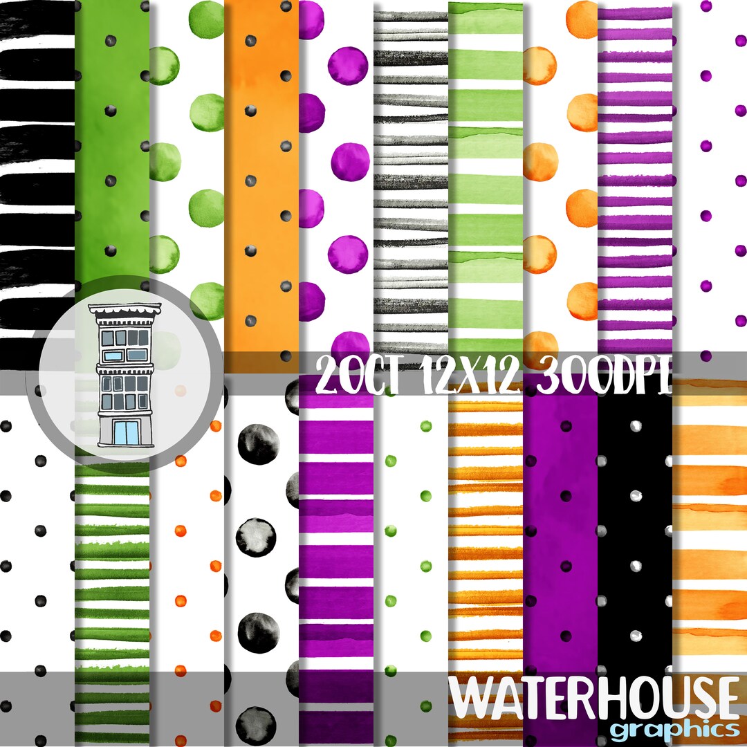 Halloween Watercolor Stripes Polka Dots Orange Purple GREEN Digital ...