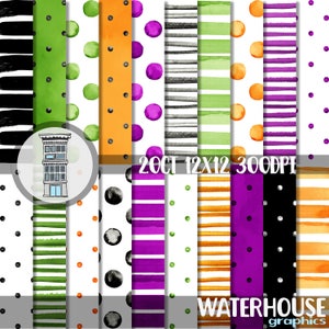 Halloween Watercolor Stripes Polka Dots Orange Purple GREEN Digital ...
