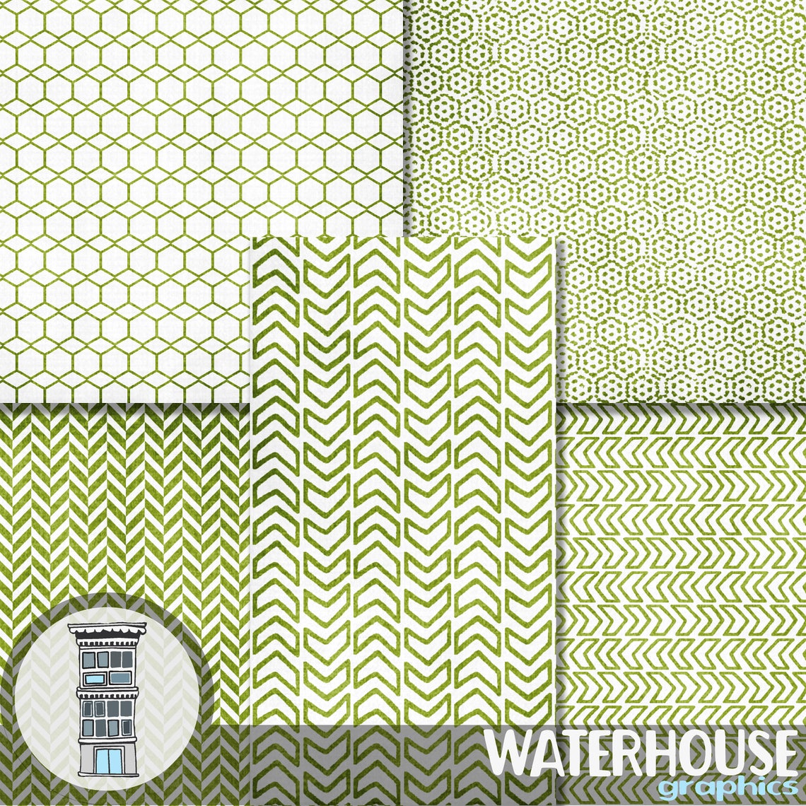 GREEN Geometric Digital Paper Pack Hexagons Arrows Digital Scrapbook ...