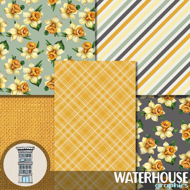 Daffodils Digital Paper Pack Pretty Yellow Orange Vintage Floral Gray ...
