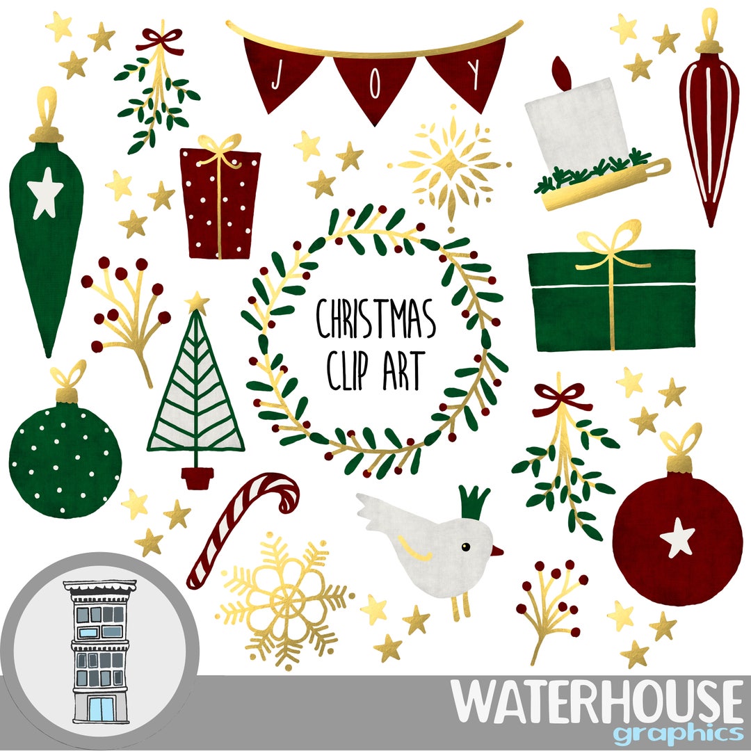 Christmas Digital Clipart GOLD Dark RED and Green Christmas Wreath ...