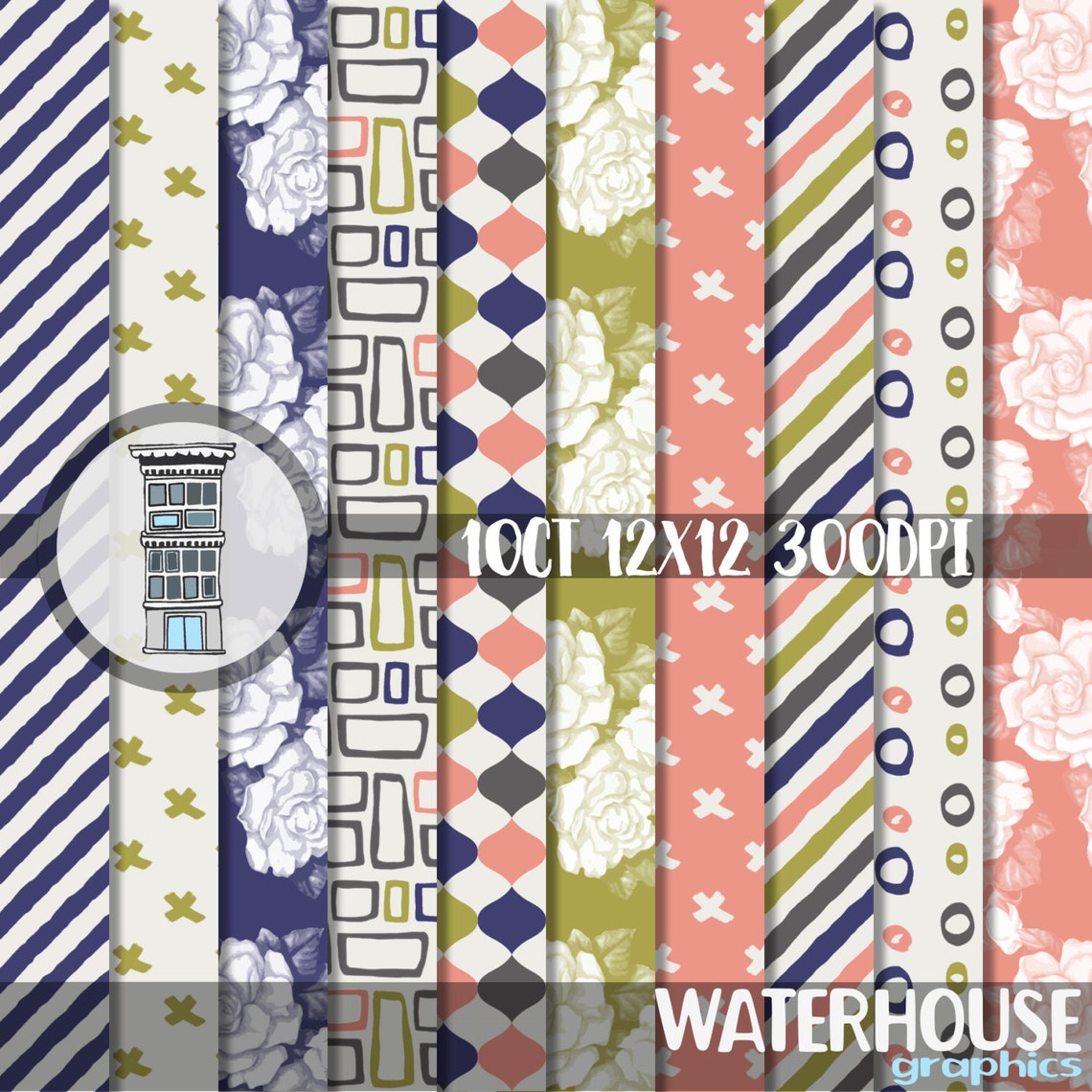 Pink Coral Navy Blue Digital Paper Pack Instant Download | Etsy