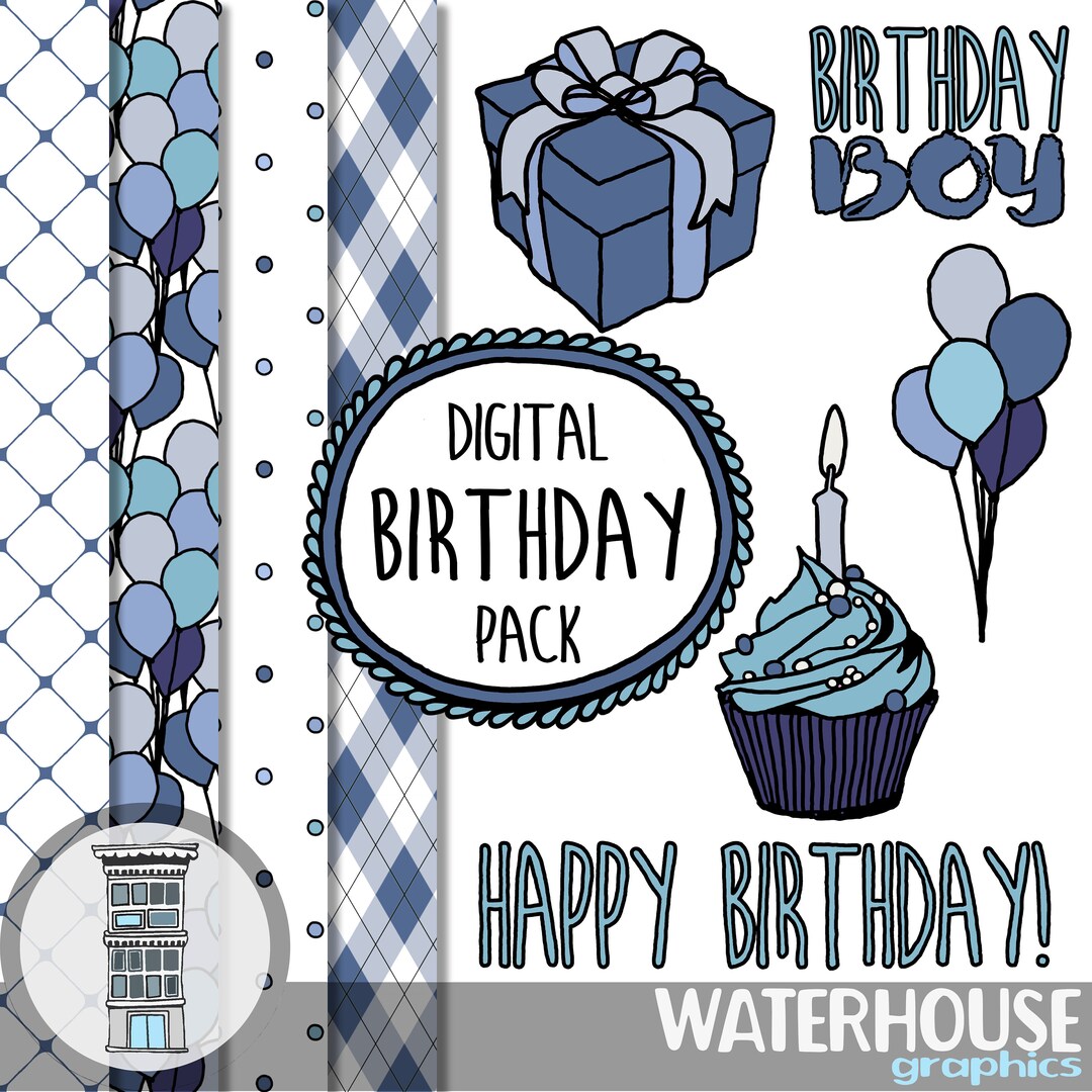 Digital Birthday Boy Set Clip Art Digital Papers INSTANT DOWNLOAD BLUE ...