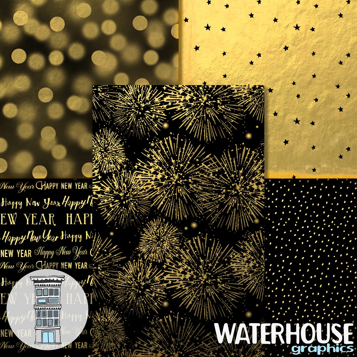 New Years Eve Digital Paper Pack Black and GOLD Bokeh Backgrounds ...