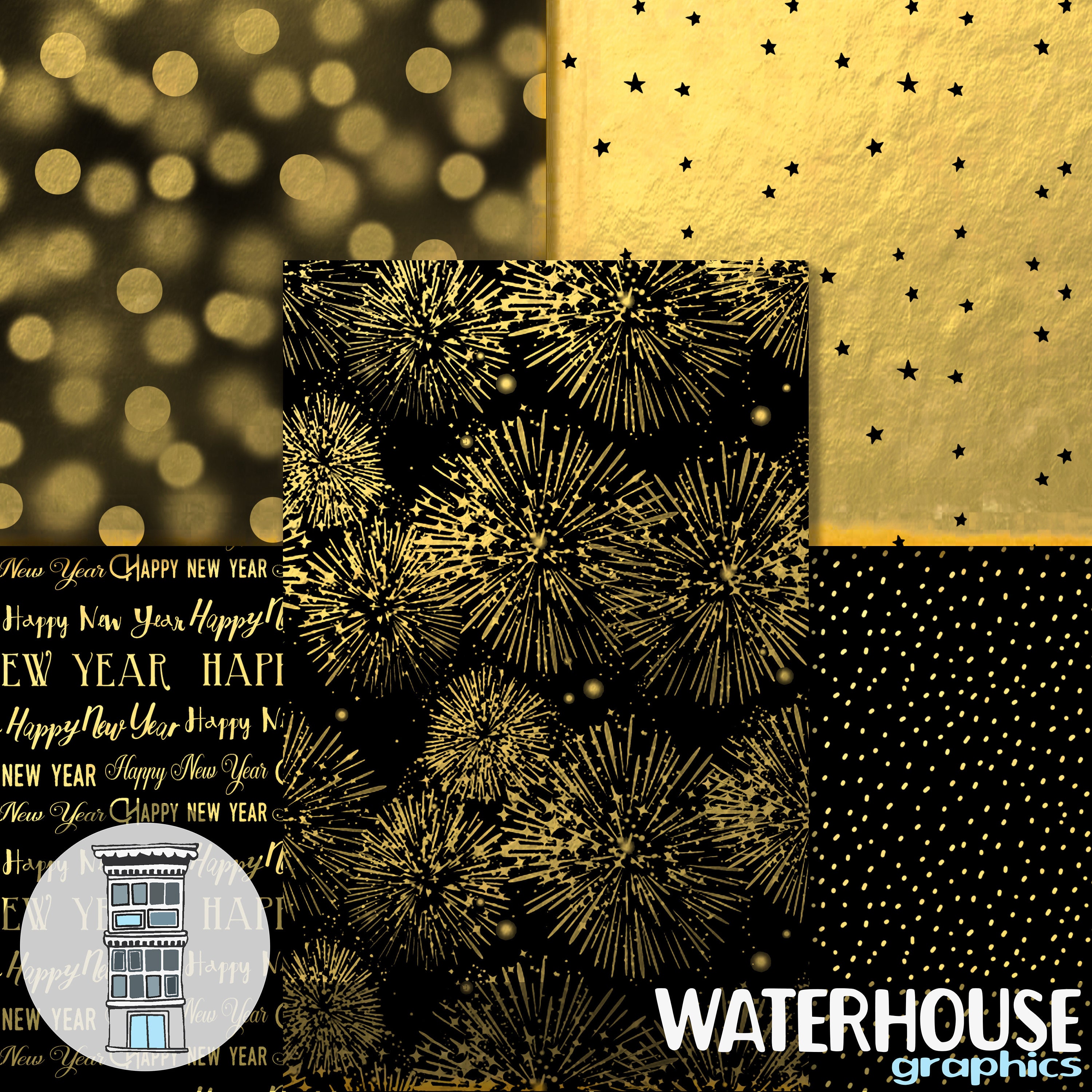 New Years Eve Digital Paper Pack Black and GOLD Bokeh Backgrounds ...